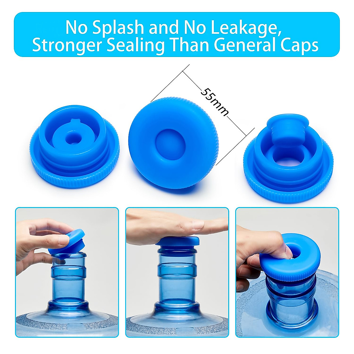 3 & 5 Gallon Water Jug Cap Reusable - Water Bottle Caps Fits 55mm Bottles,Silicone Non- Spill Lids for Anti-Splash (3 Pack)