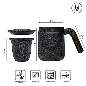 Fosenw Ceramic Tea Mug,Chinese Tea Cup with Lid,Sandalwood Handle and Infuser for Filtering Loose Tea Leaves,12 oz (Bluestone)