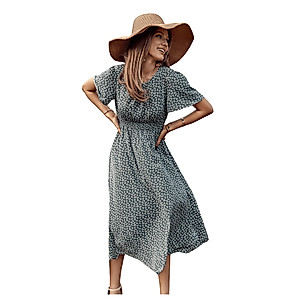 Floerns Women's Casual Floral Print Crewneck Short Sleeve A Line Boho Maxi Dress Green Multi L