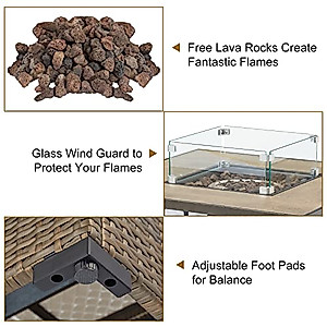 Kinsunny 32 inch Propane Fire Pit - Outdoor Patio Square PE Rattan Wicker Gas Fire Table(40,000 BTU),with Free Lava Rocks & Glass Wind Guard for Garden, Lawn