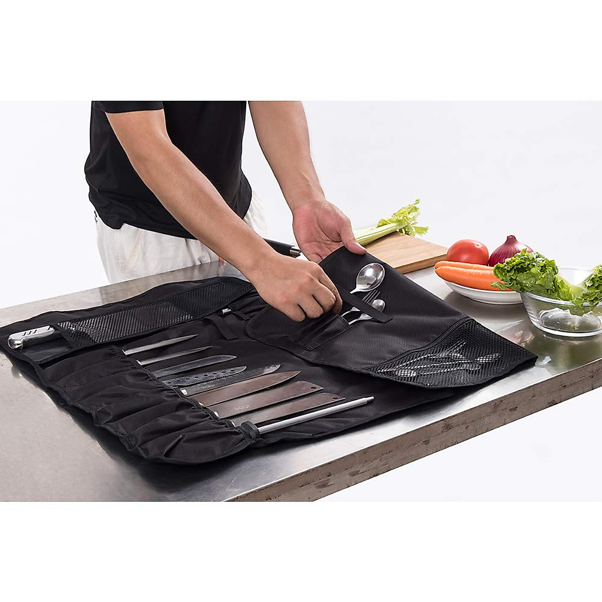 HERSENT Knife Roll, Chef Knife Roll Bag With 17 Slots Can Holds13 Knives,1 Meat Cleaver, And 3 Utensil Pockets,Durable Knife Case With Handle, Shoulder Strap & Zippered Mesh Pocket Holder