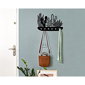 Runile Personalized Metal Coat Rack Wall Hanging, Cactus Coat Hook, Entrance Coat Rack with Hook, Personalized Metal Sign, Metal Wall Decoration, Black, 10 incher