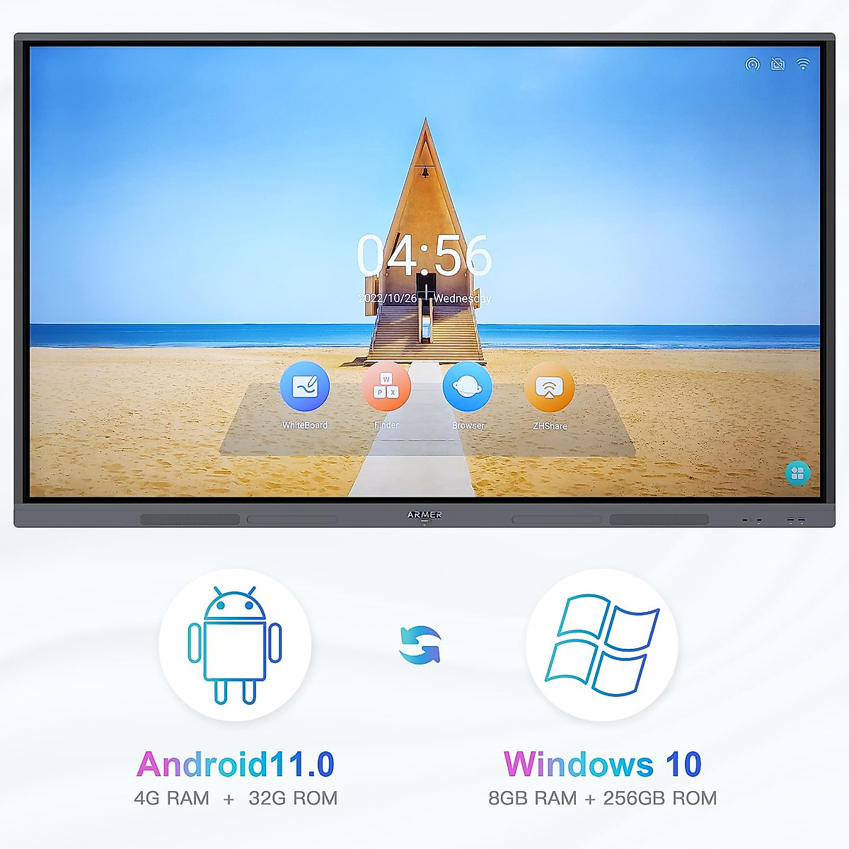Armer 65'' Smart Board 4K UHD Touchscreen Interactive whiteboard for Classroom and Office, Built in Dual System Robust App Ecosystem for Collaboration(Wall Mount Included)