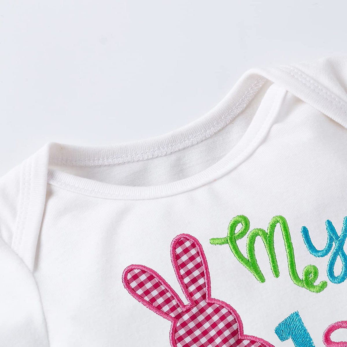 AGQT Toddler Girls My First Easter Outfit Set Eggs 3Pcs Romper with Lace Tutu Skirt and Headband Pink-Bunny Size 12-24 Months(80)