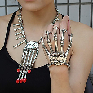 Men Women's Halloween Skull Skeleton Hand Bracelet With Ring (Silver)