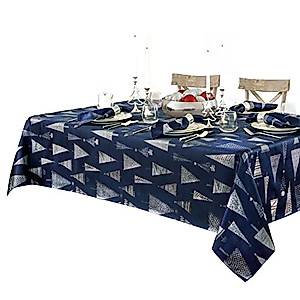 Newbridge Navy Blue and Silver Fancy Metallic Christmas Trees Fabric Holiday Tablecloth, Xmas Tree Contemporary Soil Resistant Easy Care Tablecloth, 60” x 84” Oblong/Rectangle Navy/Silver