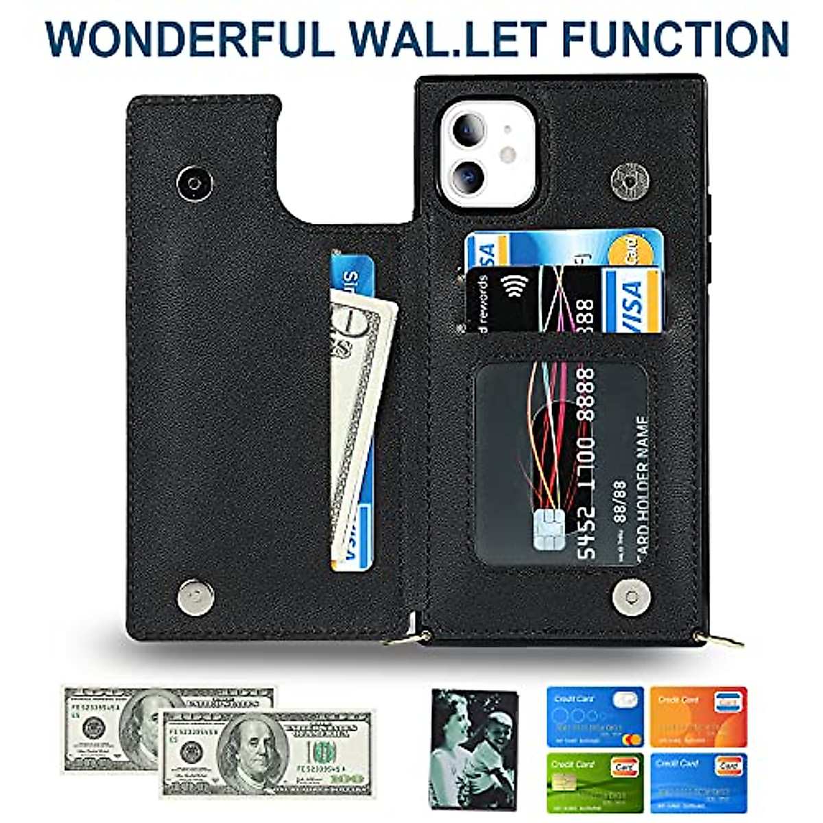 DEFBSC Compatible with iPhone 12 iPhone 12 Pro Case, Crossbody Wallet Case, Adjustable Detachable Lanyard Neck Strap with Kickstand Leather Card Holder Protective Cover-Black