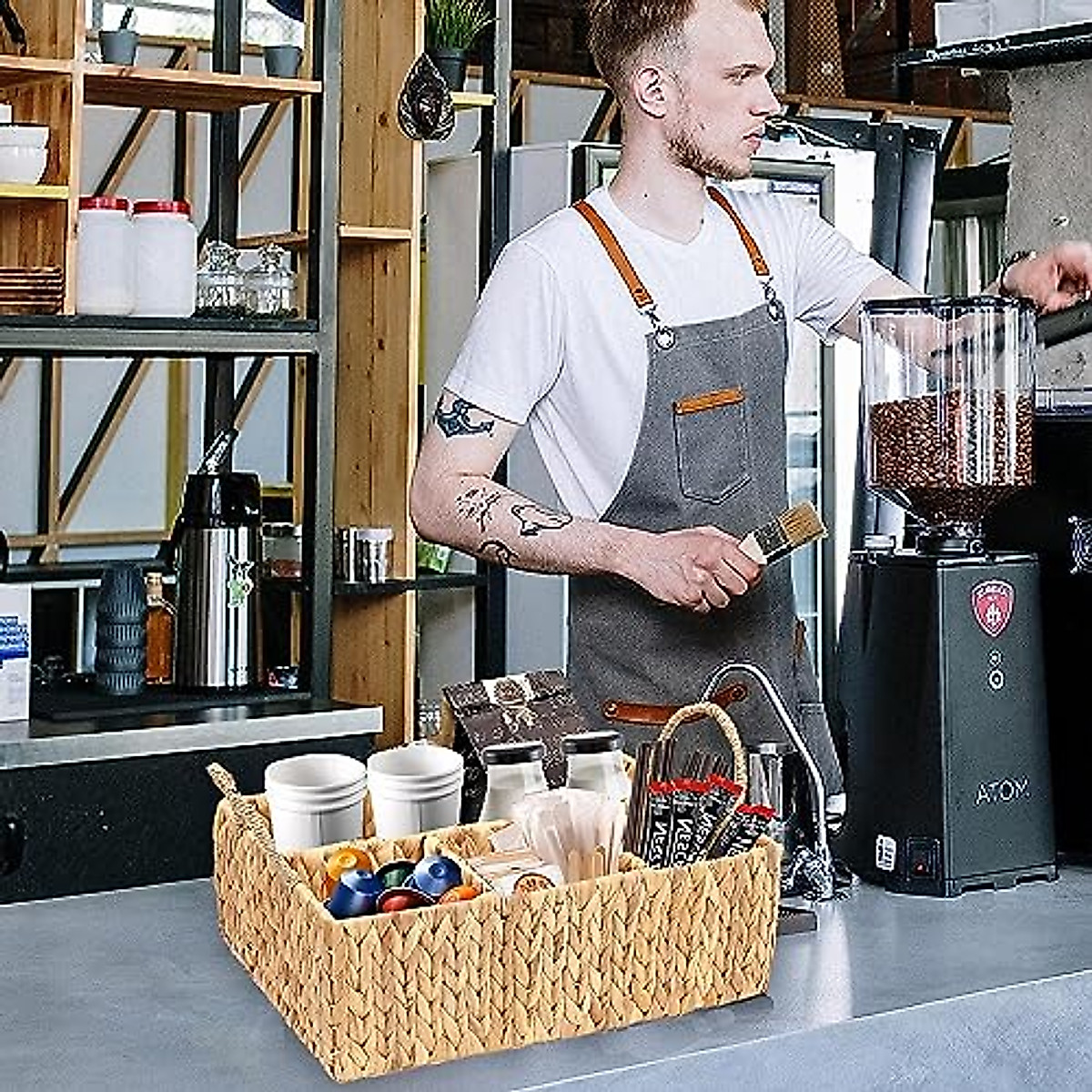 ECO 5 Water Hyacinth Large Rectangle Storage Basket, Coffee Station Organizer, 4 Dividers Basket Hand Woven with Handle, Organizing Wicker Basket for Pantry, Office, Home Décor, ‎16"D x 11"W x 5.5"H