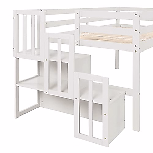 HABUHOME Low Loft Bed with Staircase,Twin Size Kids Loft Bed with Step Storage,Wood Loft Bed Frame Twin with Safety Guardrails for Girls, Boys,White