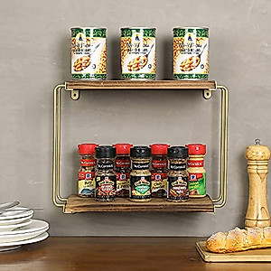 MyGift 2-Tier Burnt Wood Wall Mounted Display Shelves with Vintage Brass Metal Frame