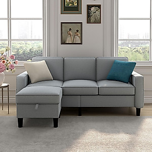 BearDen Creations Convertible Sectional Couches for Living Room, L Shaped Couch 3 Seater Sofas with Storage Ottoman,Small Sofa for Apartment,Compact Spaces,Small Space,Grey