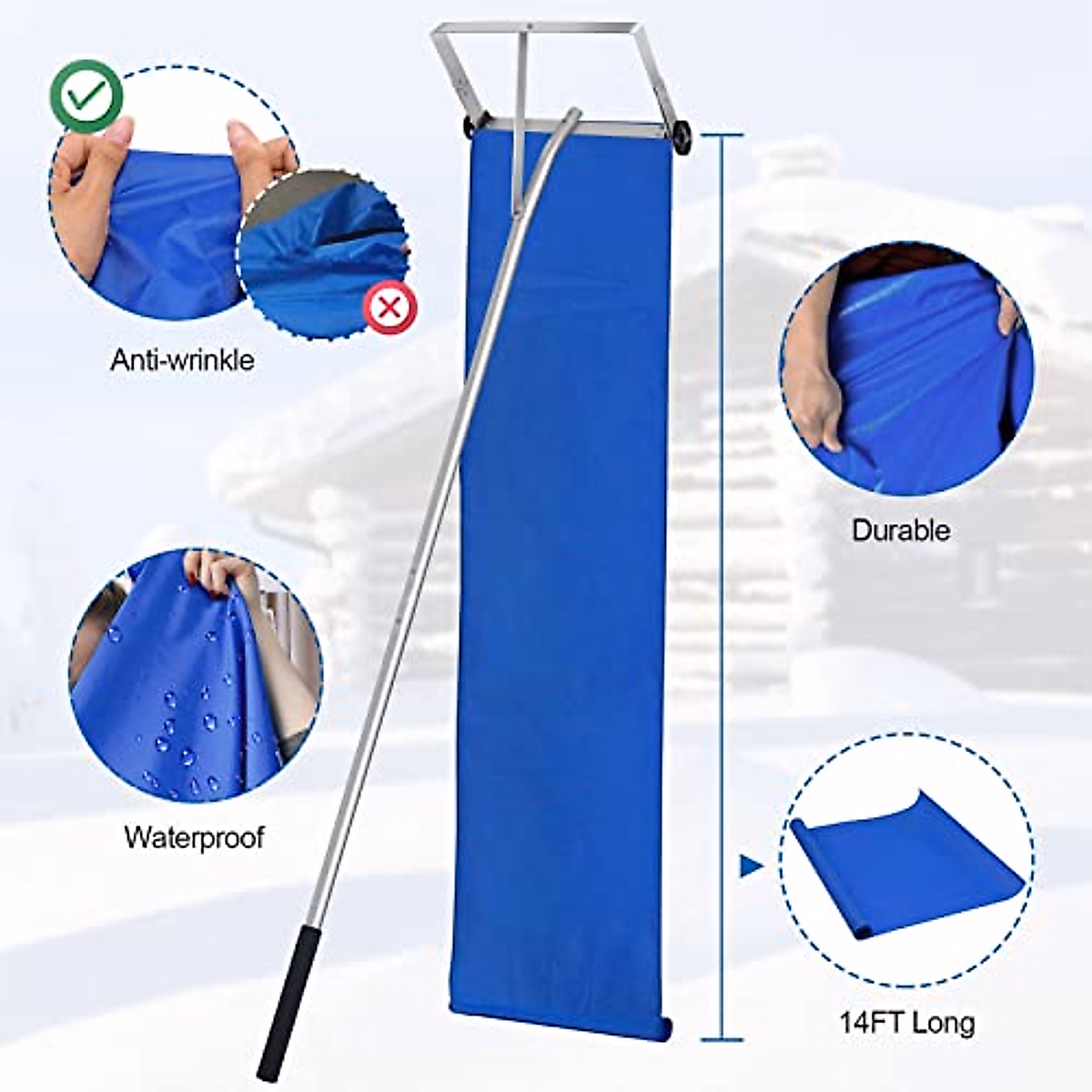 Snow Roof Rake 20FT, Roof Rake Snow Removal with 7 Section Pole, Snow Rake Aluminum Frame Head Nylon Slide Roof Rakes for Snow 3-inch Wheels, Suitable for House & Vehicle, Garage, Durable & Light