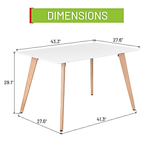 FurnitureR Minimalist Rectangle Dining Table with Round Beech Wood Legs for Home Kitchen Living Room Corner Small Spaces Leisure, 43.3 inches, White