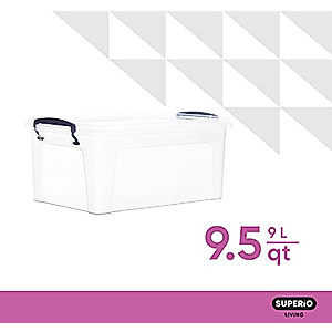 Superio Clear Storage Bin with Lid, Stackable Plastic Deep Storage Latch Box with Snap Lock Closure (9.5 Quart)