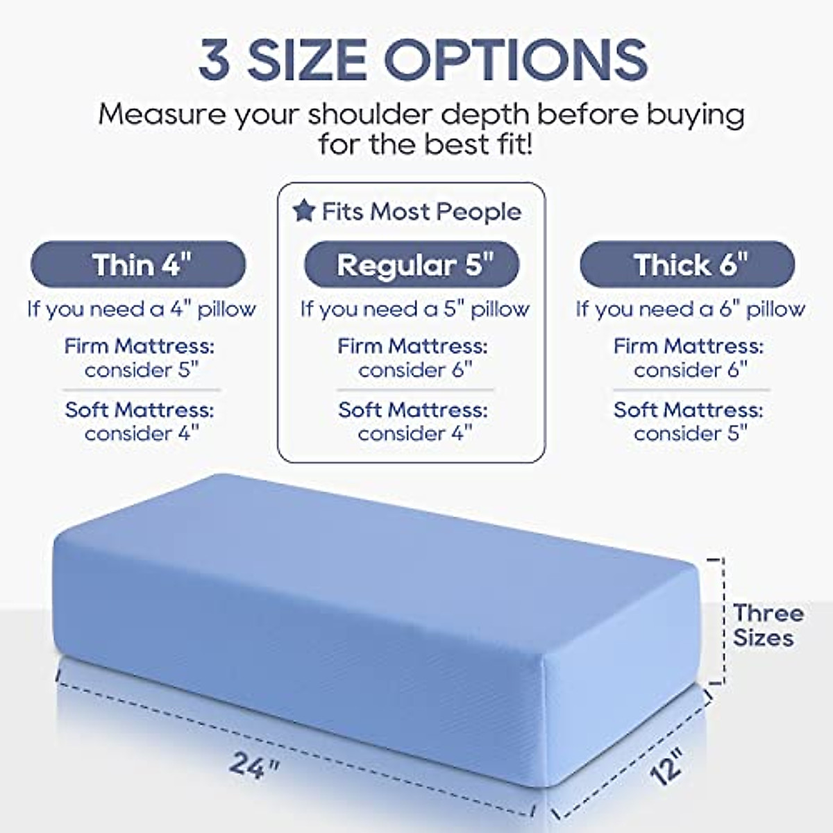 Cube Pillow for Side Sleepers 24"x12"x5" Memory Foam Rectangle Pillow Support Neck and Shoulder for Pain Relief, Thick Bed Pillow for Sleeping with Removable Cover - King, Queen, Square | Blue