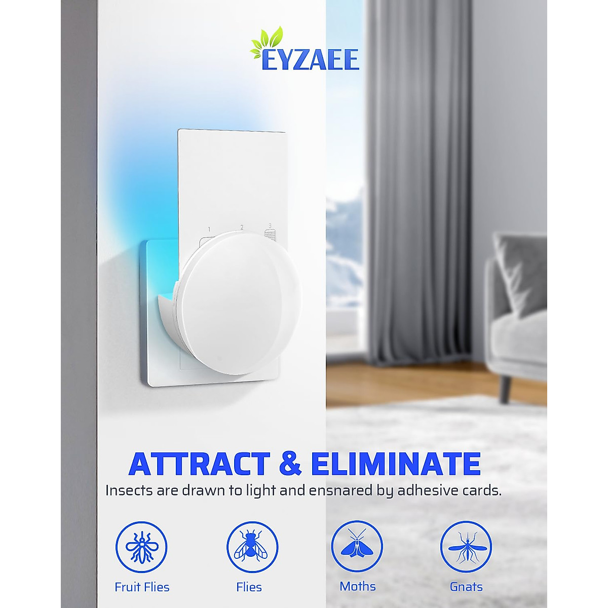 Eyzaee Fruit Fly Traps for Indoors, 2 in 1 Flying Insect Trap Blue Light Plug in Bug Catcher with Warm Night Light Effective Insect Control for Home-Odorless and Mess Free(1 Device + 5 Glue Boards)