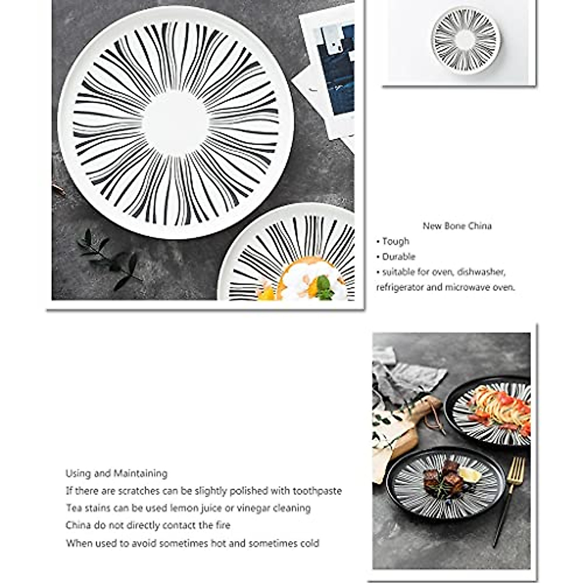 ROLTIN Dessert Dishes Plates Creative Porcelain Dinner Plates Set of 4 Black and White Multiple Stripes Patterns Ceramic Desserts Plate for Steak Salad. Microwave Dishwasher Saf