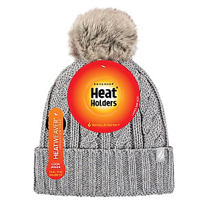 Heat Holders - Womens Thick Knit Thermal Winter Warm Beanie Hat with Pom Pom (One Size, Light Grey)