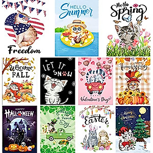 CDLong Welcome Cat Seasonal Garden Flags Set of 11 Double Sided 12 x 18 Inch Yard Flag,small garden flags for outside, Christmas Spring Seasonal Flag for Outdoor Holiday Decorations