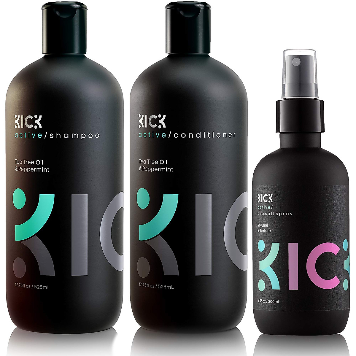 Kick Shampoo +Conditioner +Sea Salt Spray-Style Essentials Bundle High Performance Anti-Dandruff Cleansing/Conditioning for Thinning Hair, Natural Texturizing Spray for Volume-For Men & Women