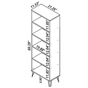 Manhattan Comfort Rockefeller Mid Century Modern 5 Shelves Home Office Bookcase with Metal Legs, 21.26", Black