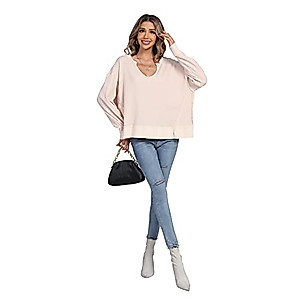 LYANER Women's V Neck Waffle Knit Long Sleeve Loose Pullover Sweatshirt Sweater Top Beige Medium