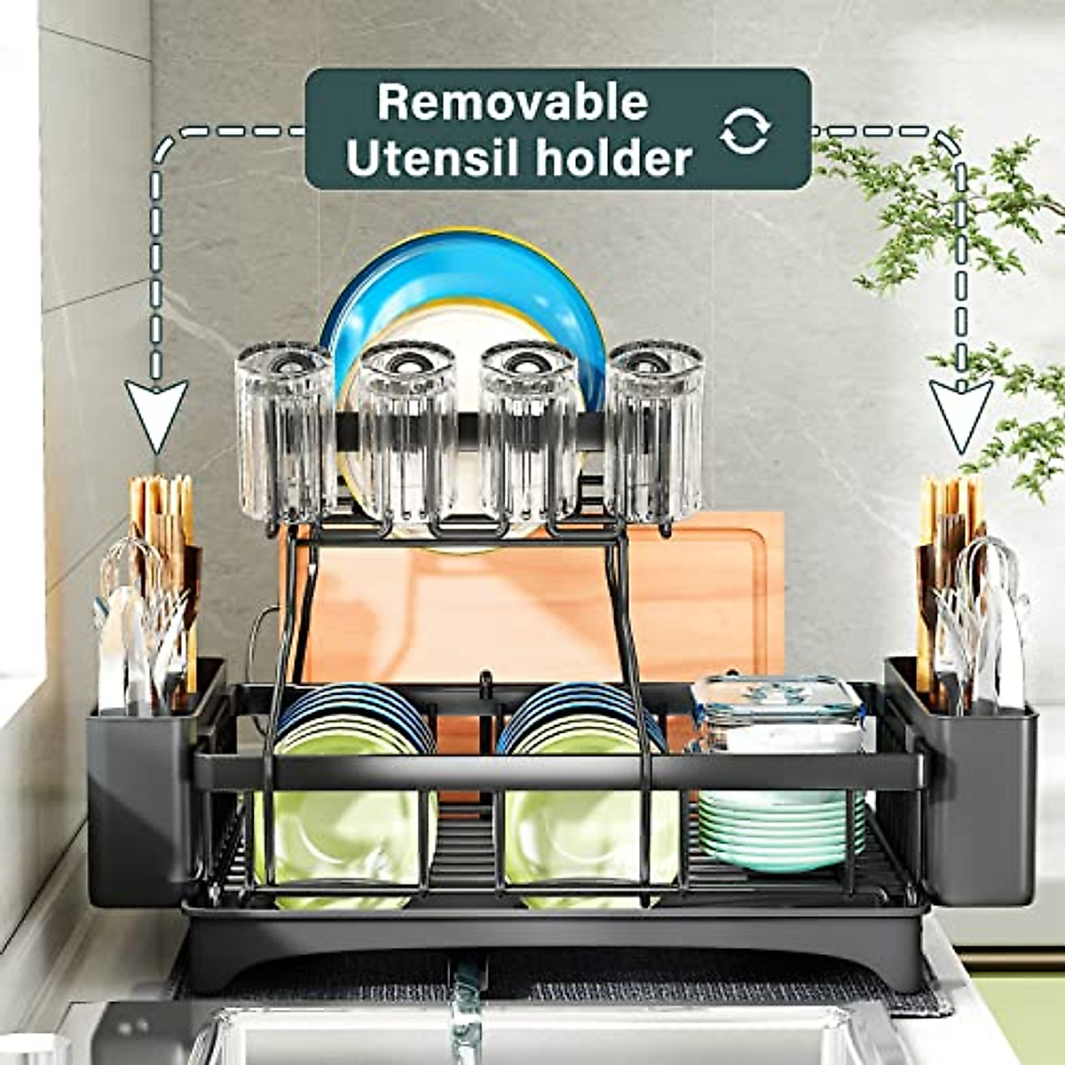 Dish Drying Rack, Detachable 2 Tier Dish Rack and Drainboard Set, Large Capacity Dish Drainer Organizer Shelf with Utensil Holder, Cup Rack, Extra Drying Mat for Kitchen Counter, Black
