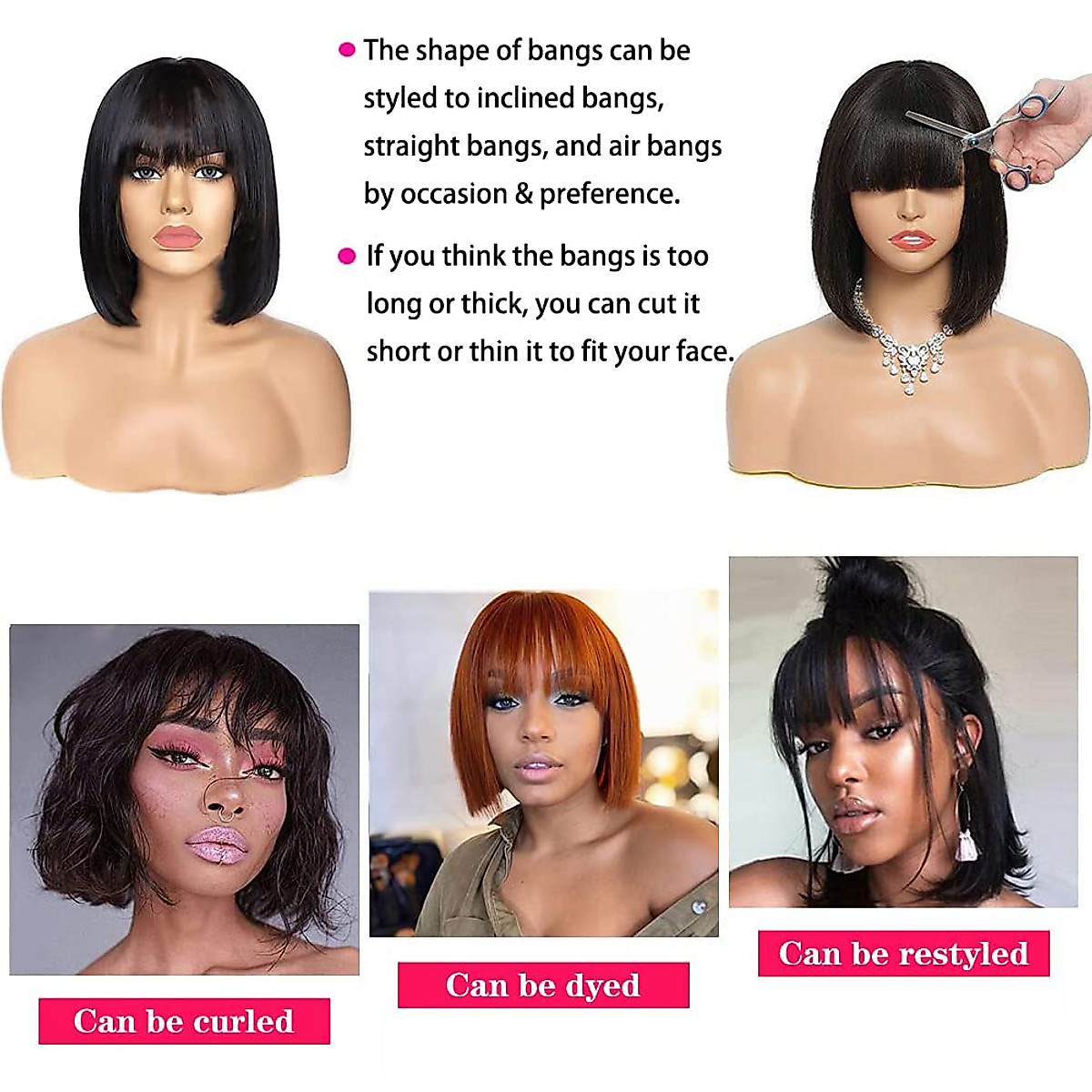 WENYAN Short Bob Wig Human Hair with Bangs 8 Inch None Lace Front Wigs for Black Women Brazilian Virgin Straight Hair 150% Density Machine Made Bob Wigs Natural Color