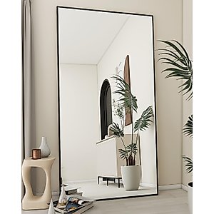 Koonmi Large Mirror Full Length 34"x76", Floor Body Mirror with Stand, Metal Frame Wall-Mounted Vanity Mirror, Hanging Leaning or Standing, Black