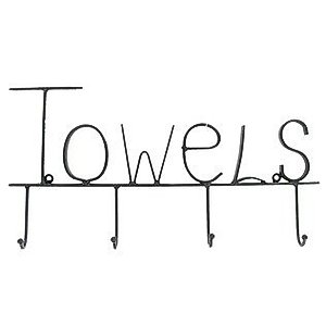 Aunt Chris' Products - Black Metal Towel Hooks - The Word "Towels" In Modern Lettering Across The Top - Four Hooks For Easy Bathroom Organizing - Use Inside Or Outside
