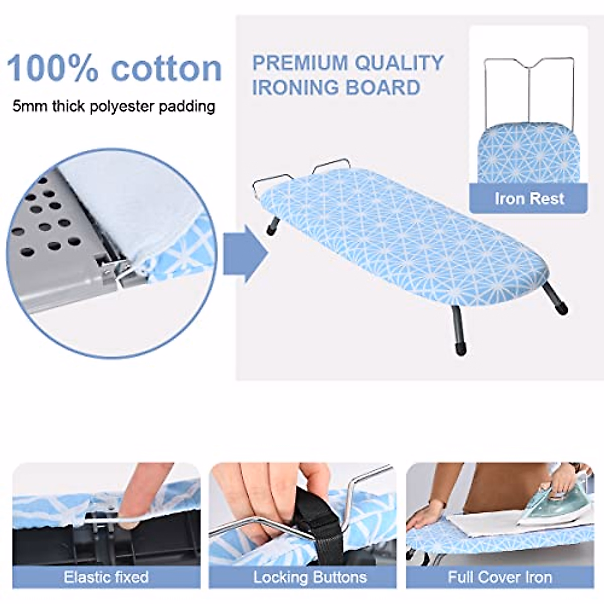 Johgee Foldable Tabletop Ironing Board with Iron Rest, Small Ironing Board with 2 Cotton Covers, Portable Mini Ironing Board with Non-Slip Folding Feet for Home, Laundry Rooms, Travel Use and Dorms