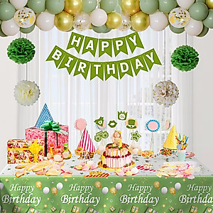 Sage Green Birthday Decorations for Women Girls, Olive Green Happy Birthday Party Decorations, Green Happy Birthday Banner Birthday Balloons Fringe Curtain Tablecolth Bday Party Supplies Gold White
