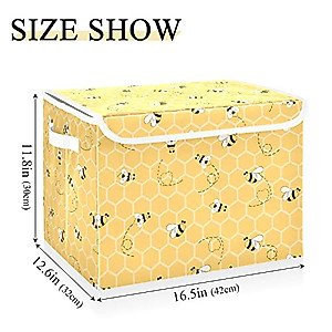DOMIKING Yellow Bees Honey Large Storage Bin with Lid Collapsible Shelf Baskets Box with Handles Organizing Container for Nursery Drawer Shelves Cabinet
