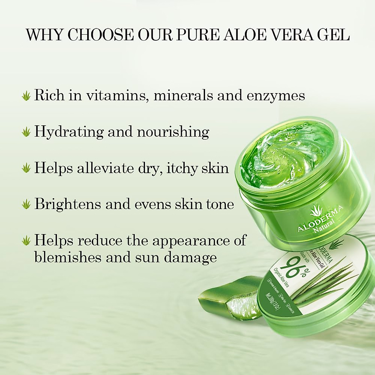 Aloderma Organic Aloe Vera Gel for Face & Body, 96% Pure Aloe Gel Made within 12 Hours of Harvest, Ideal for Skin, Scalp, & Hair Hydration, Calming Moisturizer for Soothing After Sun Care Relief, 7oz