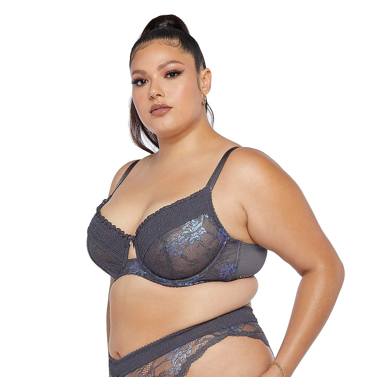 Savage X Fenty, Women's, Curvy Living In The Clouds Iridescent Lace Unlined Bra, Blackened Pearl, 40DD