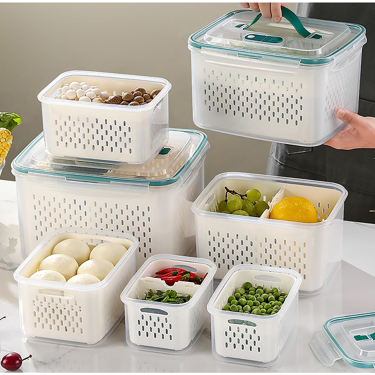 Upgraded Fresh Produce Vegetable Fruit Storage Containers,Fruit Containers for Fridge with Lid Vent Handle and Colander,Keep Berry Fruit Vegetable Food Meat Fresh Longer (3)