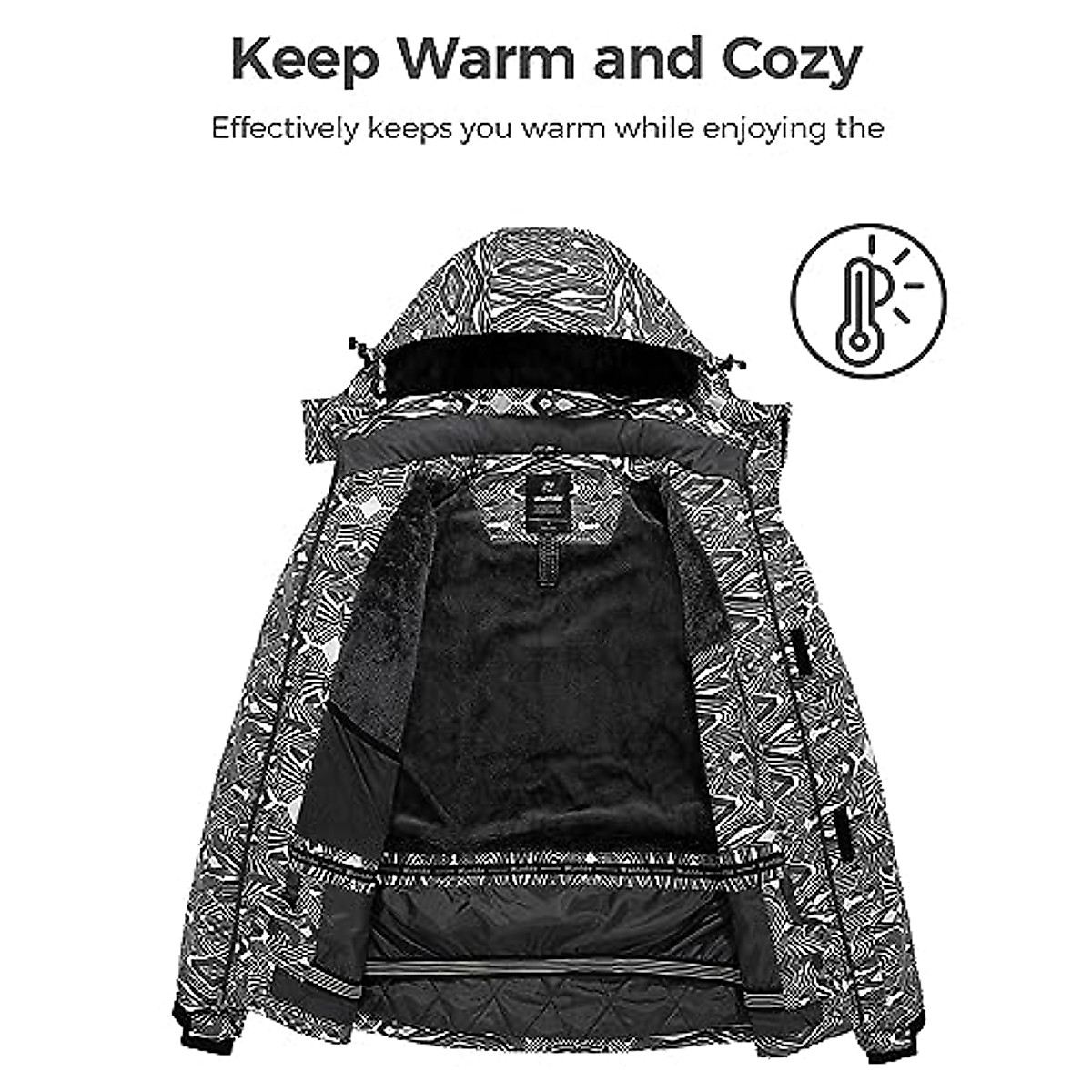 Wantdo Men's Waterproof Fleece Ski Jacket Windproof Winter Coat Parka Black Floral XL