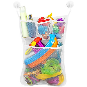 S&T INC. Bath Toy Storage Net with Pockets for Tub, Shower Caddy Holds Baby and Kids Toys, Soap, or Shampoo, Hooks Included, 14 Inch by 20 Inch, White, 1 Pack