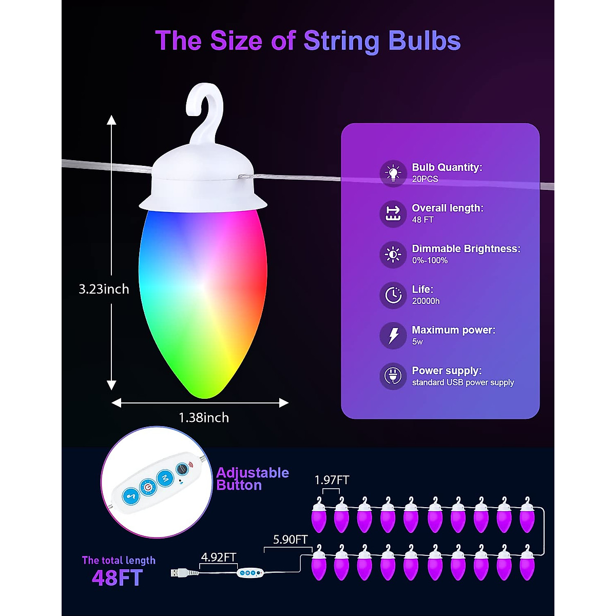 JIMIMORO Smart Outdoor String Lights - 48FT RGB Patio Lights with 20 Dimmable IP65 Waterproof Warm White LED Bulbs APP & Remote Control Patio String Lights for Outside Balcony Backyard Party Cafe B