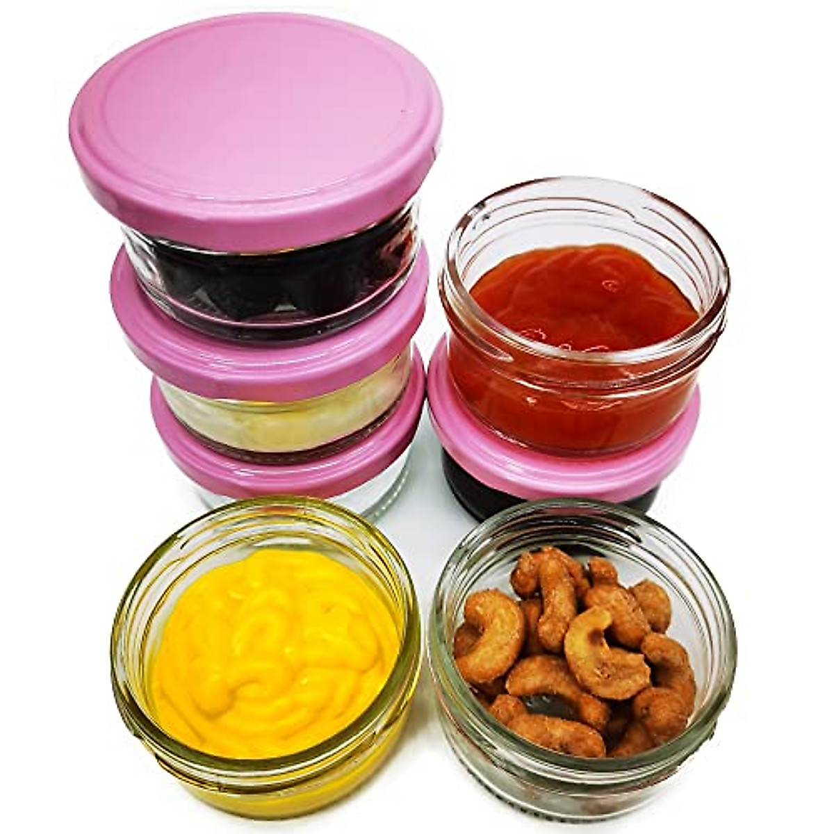 Delove [7 Pack] 2.7 oz Small Glass Condiment Containers with Lids - Salad Dressing Container to Go - Dipping Sauce Cups Set - Leak proof Reusable Sauce Containers for Lunch Box Picnic Travel - Pink