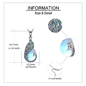 DAYLINLOVE Peacock Necklace for Women Sterling Silver Moonstone Peacock Necklace Peacock Bird Feather Pendant Jewelry for Peacock Lovers