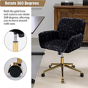 LKTART Faux Fur Home Office Desk Chair for Women Girl, Modern Accent Chair with Rolling Wheels, Upholstered Vanity Makeup Chairs Height Adjustable Armrest for Living Room Bedroom Office Black