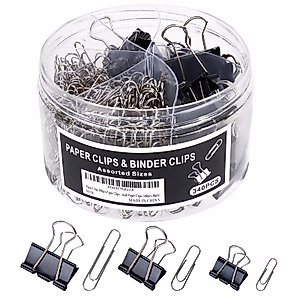 Paper Clips 340pcs Paper Clips Assorted Sizes Large/Small Paper Clips (340pcs Black(Binder+Clips))