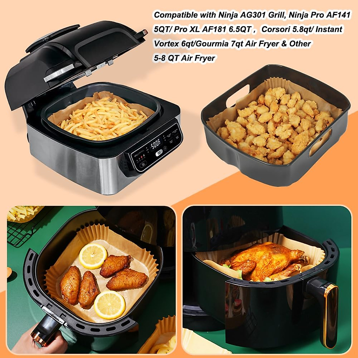 BYKITCHEN Air Fryer Sheets Liners for Ninja AG301 Grill, AF141, Cosori Air Fryer, 9 Inch Square Air Fryer Parchment Paper Filters for 5 to 8 Qt Basket, Ninja Foodi Grill Accessories (Set of 100)