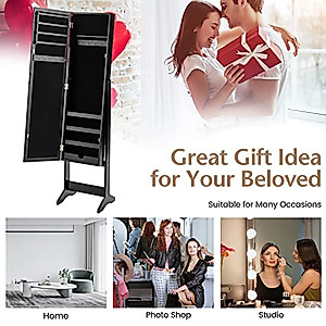 COSTWAY Jewelry Armoire Cabinet, Standing Jewelry Organizer with Full-length Mirror & 3 Adjustable Angles, Large Storage Capacity Jewelry Cabinet for Bedroom, Dressing Room (Black)