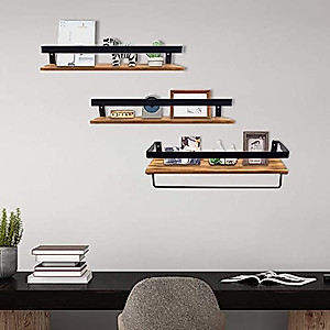 SATUBROWN Floating Shelves Wall Mounted Set of 3, Rustic Wood Wall Shelves with Towel Bar for Bathroom, Laundry Room, Hanging Shelving with Hooks for Bedroom Decor