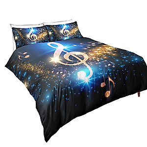 Suncloris, Starlight Music Note Duvet Cover Set, Golden Musical Notes Bedding Set. Included: 1* Duvet Cover, 2* Pillowcase(no Comforter Inside) (Queen)