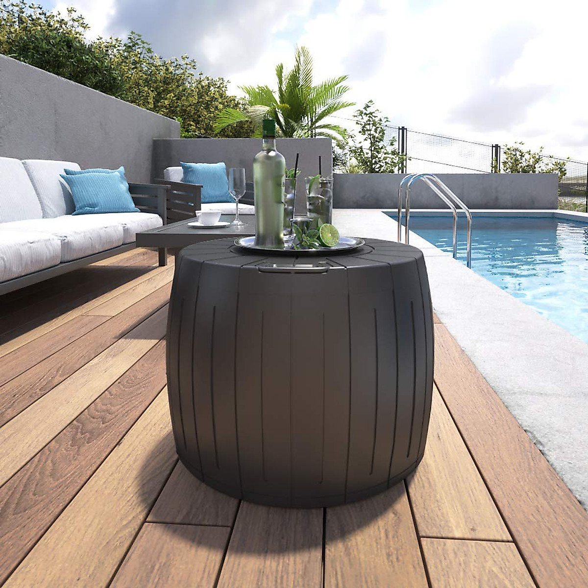 ADDOK Round Deck Box Light weight Resin Outdoor Storage Patio Seat for Outdoor Cushion Storage (27 Gallon, Dark Coffee)