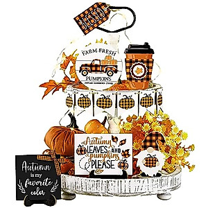 Maitys 13 Pcs Fall Tiered Tray Decor Set Thanksgiving Pumpkin Gnome Rustic Farmhouse Decor Fall Decor Autumn Harvest Decorative Trays Wooden Tabletop Signs for Home Kitchen(Orange Plaid Style)