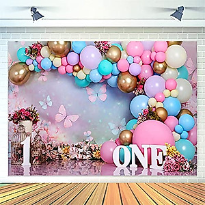 Pink Gold Balloon Girl First Birthday Party Backdrops Sweet One Wonderland Flowers Butterfly Photography Background Birdcage Princess Birthday Decorations Newborn Baby Shower Cake Smash Banner 7x5ft…